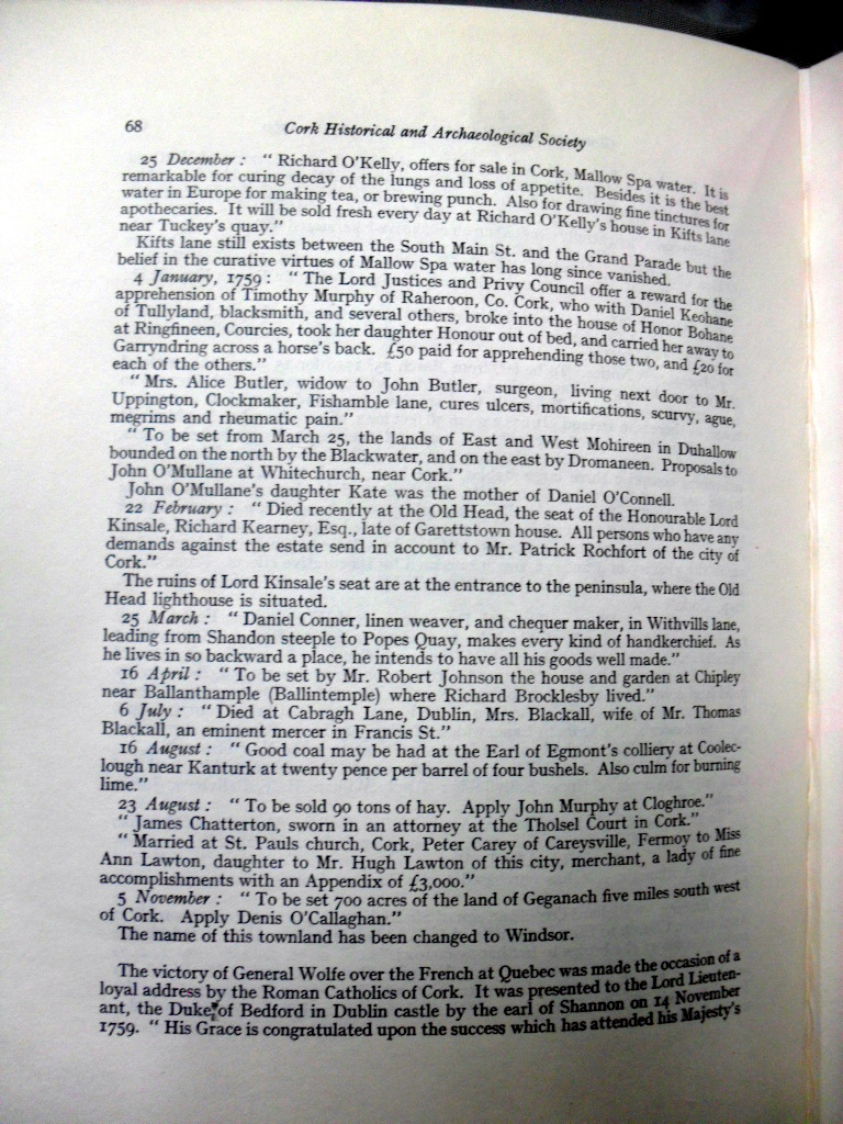 From The Corke Journal, 1758, ‘Mrs Alice Butler, widow of John Butler ...