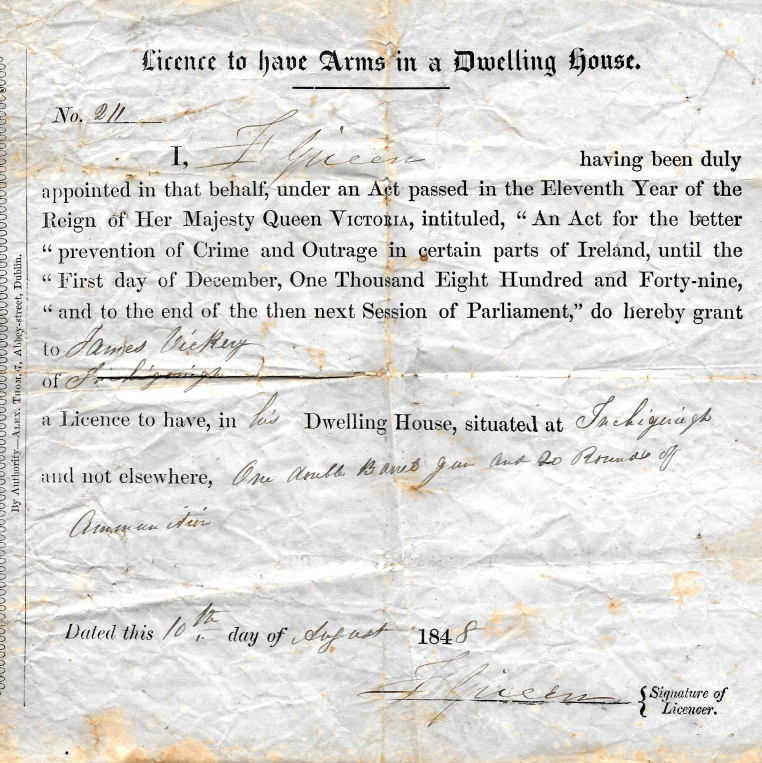 1848. Licence No 211, for A Double Barrell Shotgun and 20 Rounds of ...