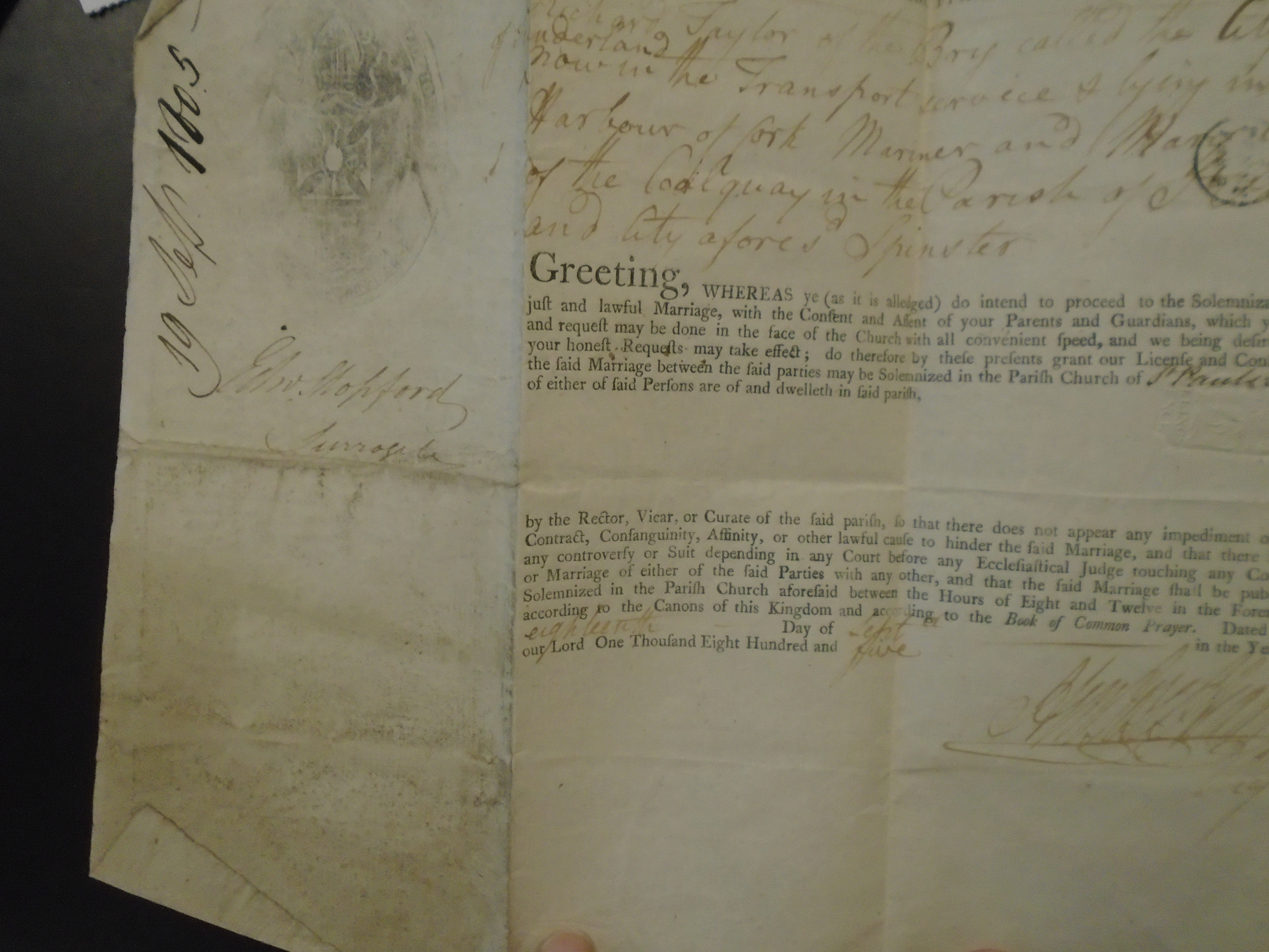 1805 Sample Marriage License Bond. | West Cork History