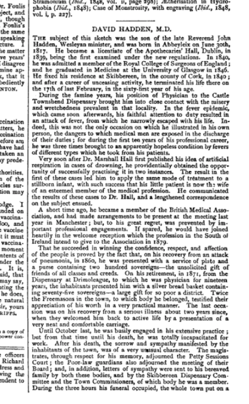 Obituary July 1878. Dr. David Hadden, Skibbereen, First Apothecary to ...