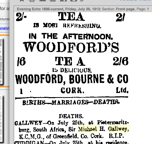 Sir Michael Henry Gallwey, B.A., T.C.D., Greenfield House, Ardfield ...