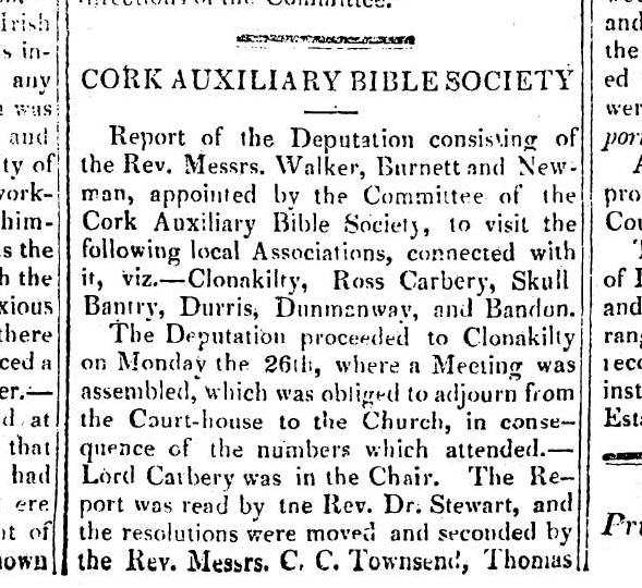 1828. Cork Auxiliary Bible Society Deputation Visit to Clonakilty ...